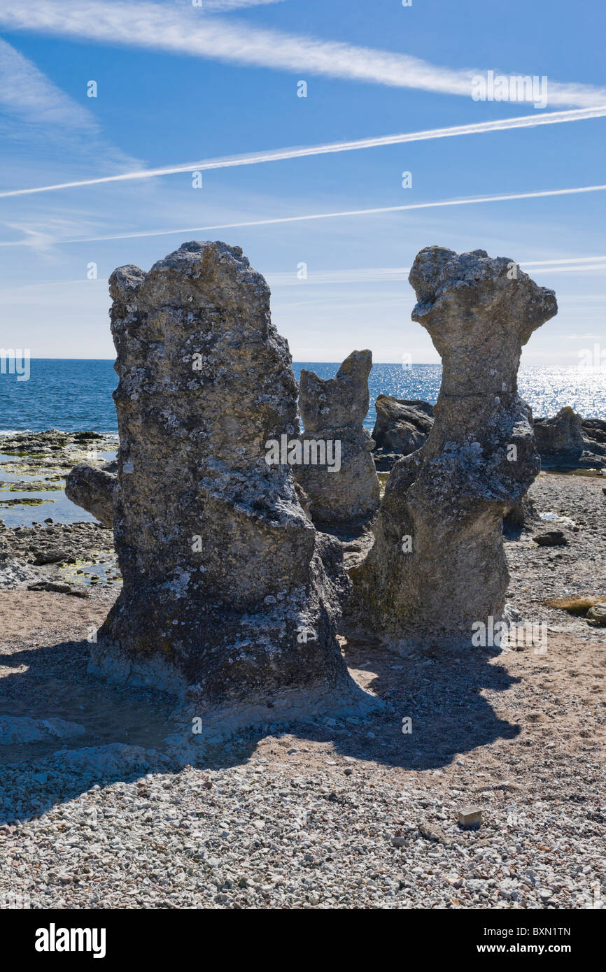 Limestone formations, sea-stacks in Folhammar, Gotland, Sweden Stock ...