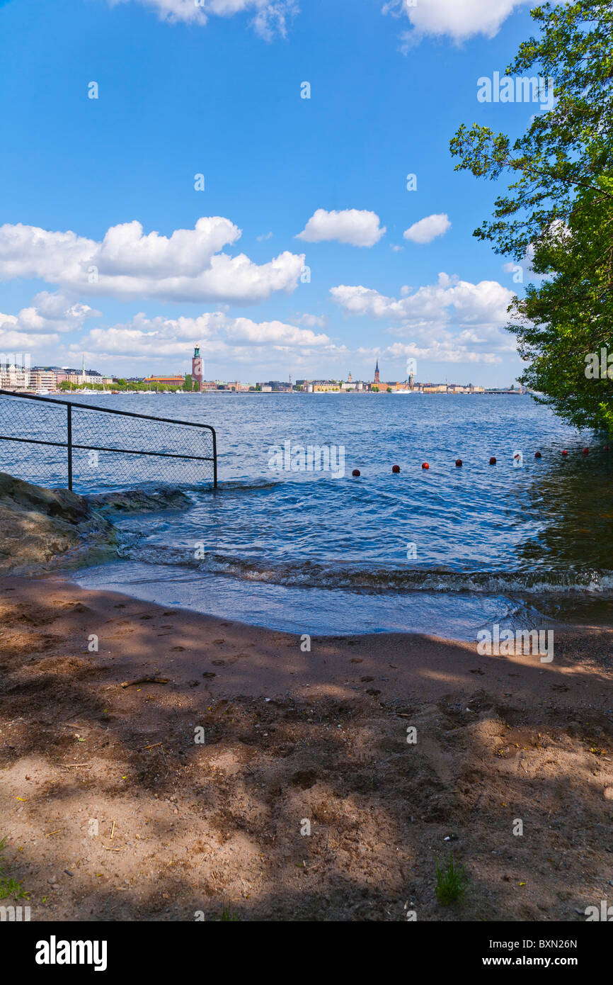 Sandy beach on the island of Langholmen in central Stockholm, Sweden ...
