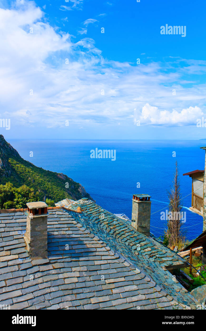 Mediterranean style stone plate roof in Greece Stock Photo - Alamy