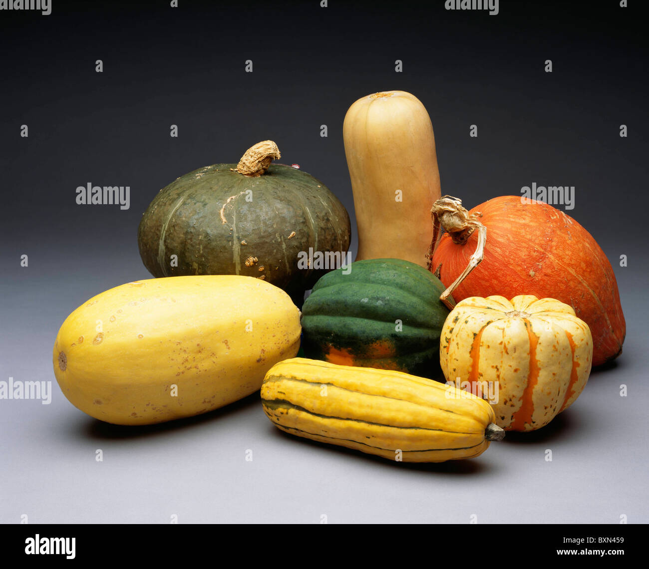 SQUASH LEFT TO RIGHT: SPAGHETTI, KABOCHA, DELECATA (STRIPE DOWN FRONT ...