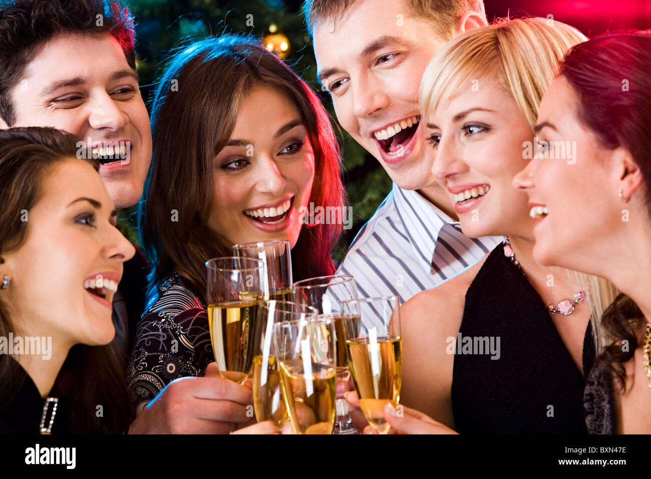 Portrait of happy young friends touching the glasses with each other ...
