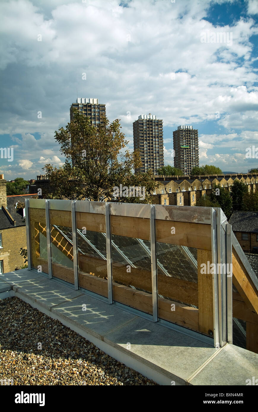 Solar panels on the roof of BowZED eco-housing in Bow, East London, UK ...