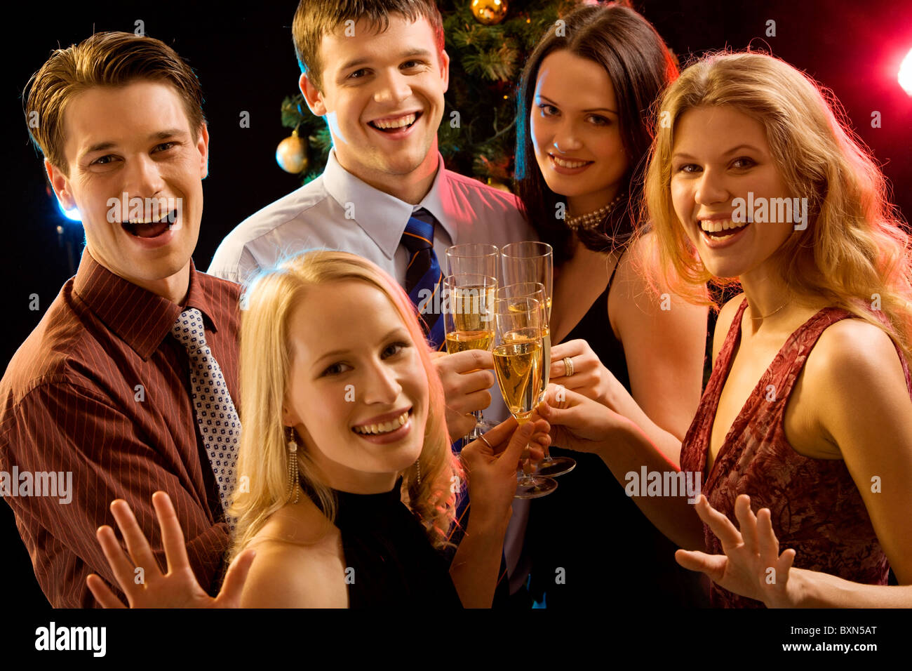 Image of five young people marking by celebration Stock Photo - Alamy