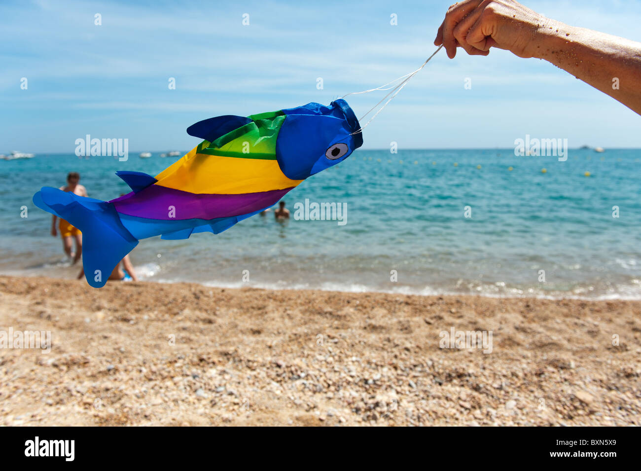 Playing with wind fish at the beach Stock Photo - Alamy