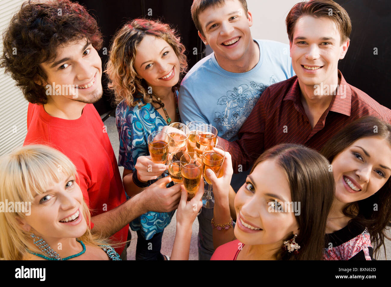 Portrait of happy young friends touching the glasses with each other ...