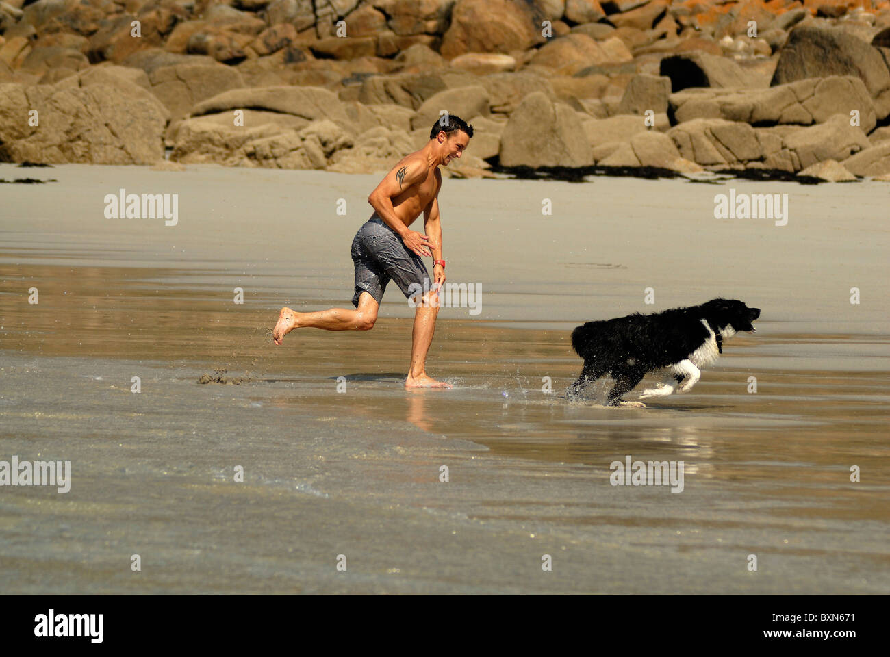 Man chasing his dog on Sennen beach, Cornwall Stock Photo - Alamy