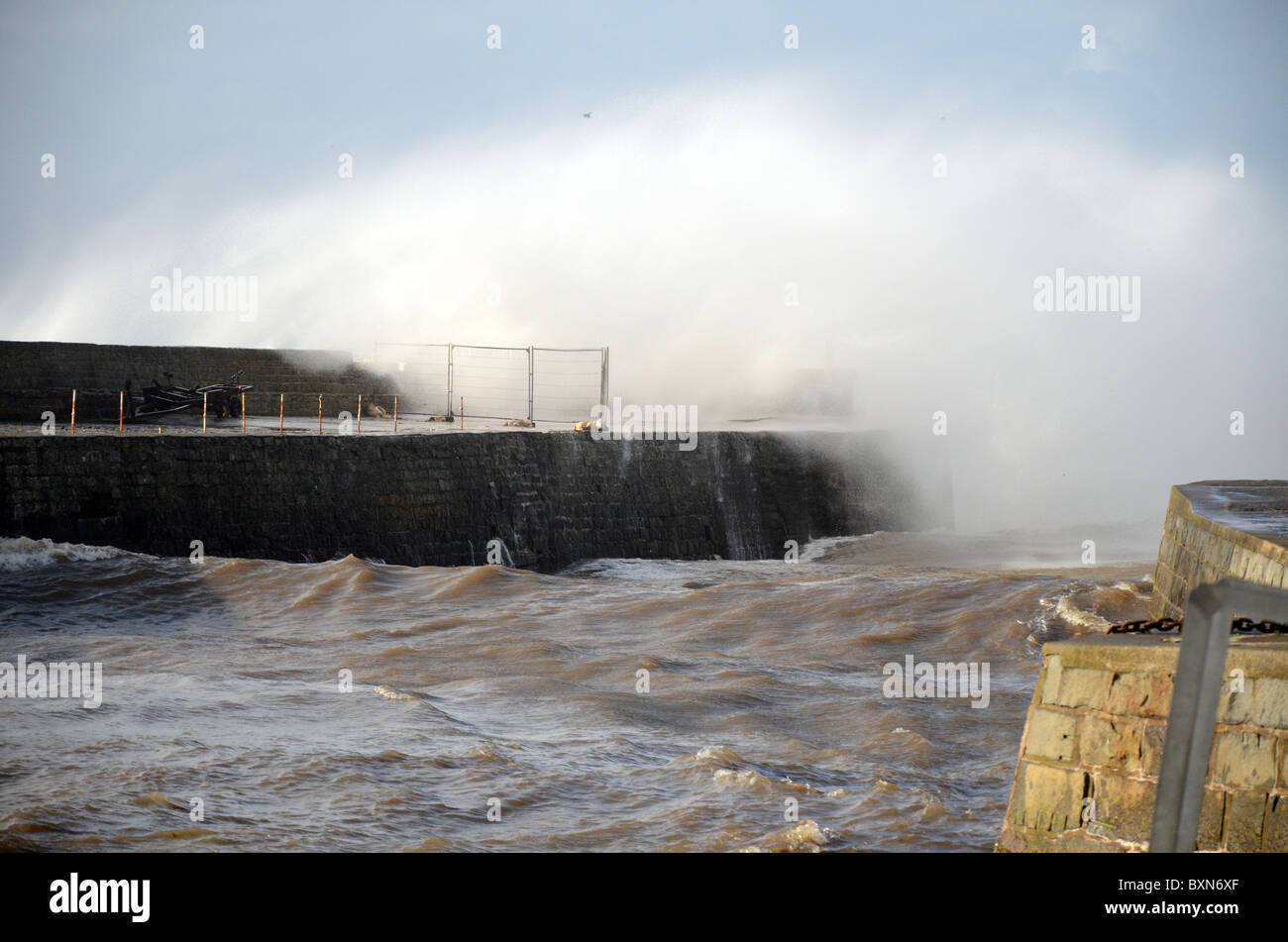 Waves of a big storm beats the harbour of Aberaeron on a cold Decembers ...