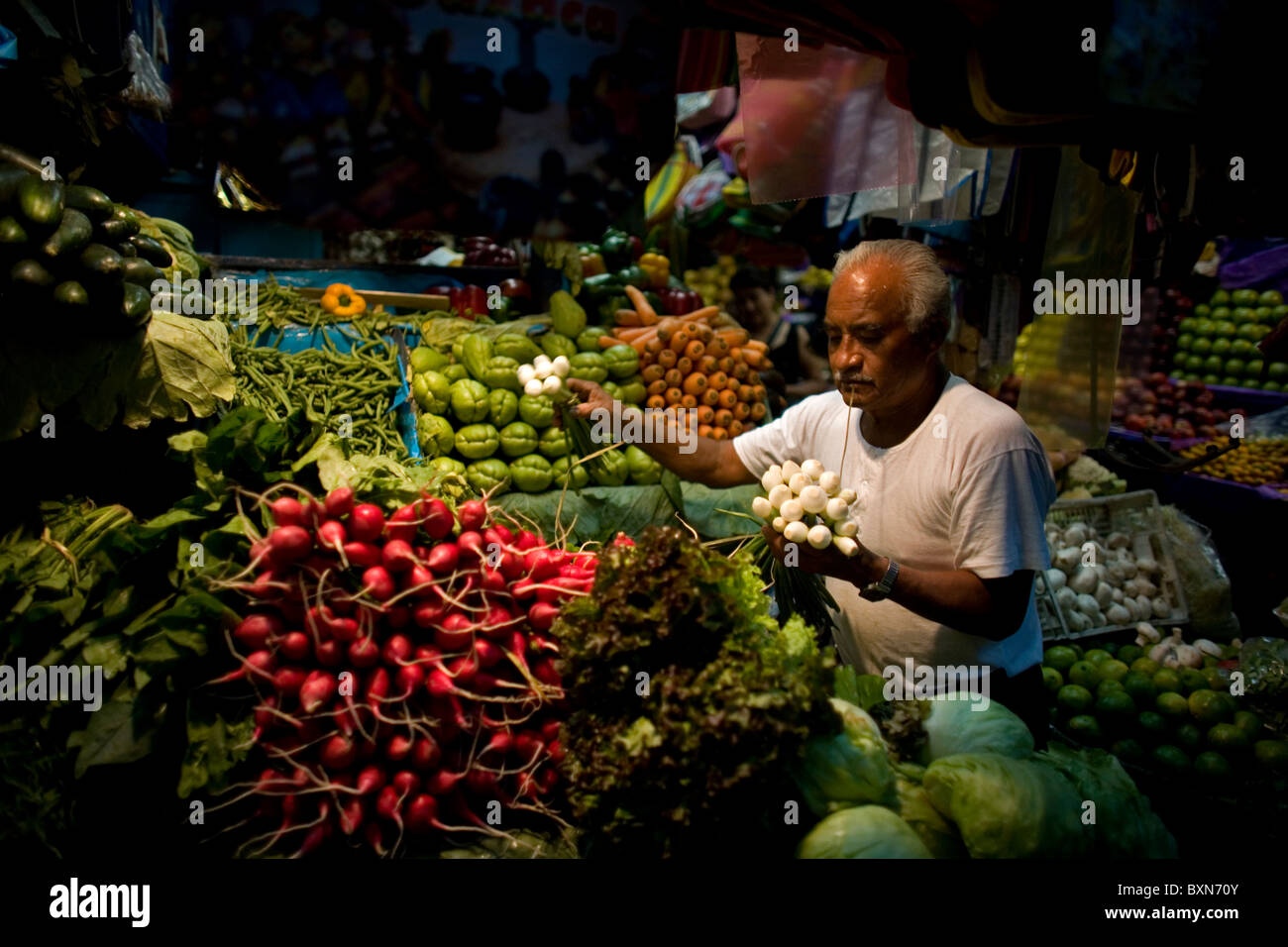 A food vendor works in his shop in the main market of Oaxaca, Mexico ...