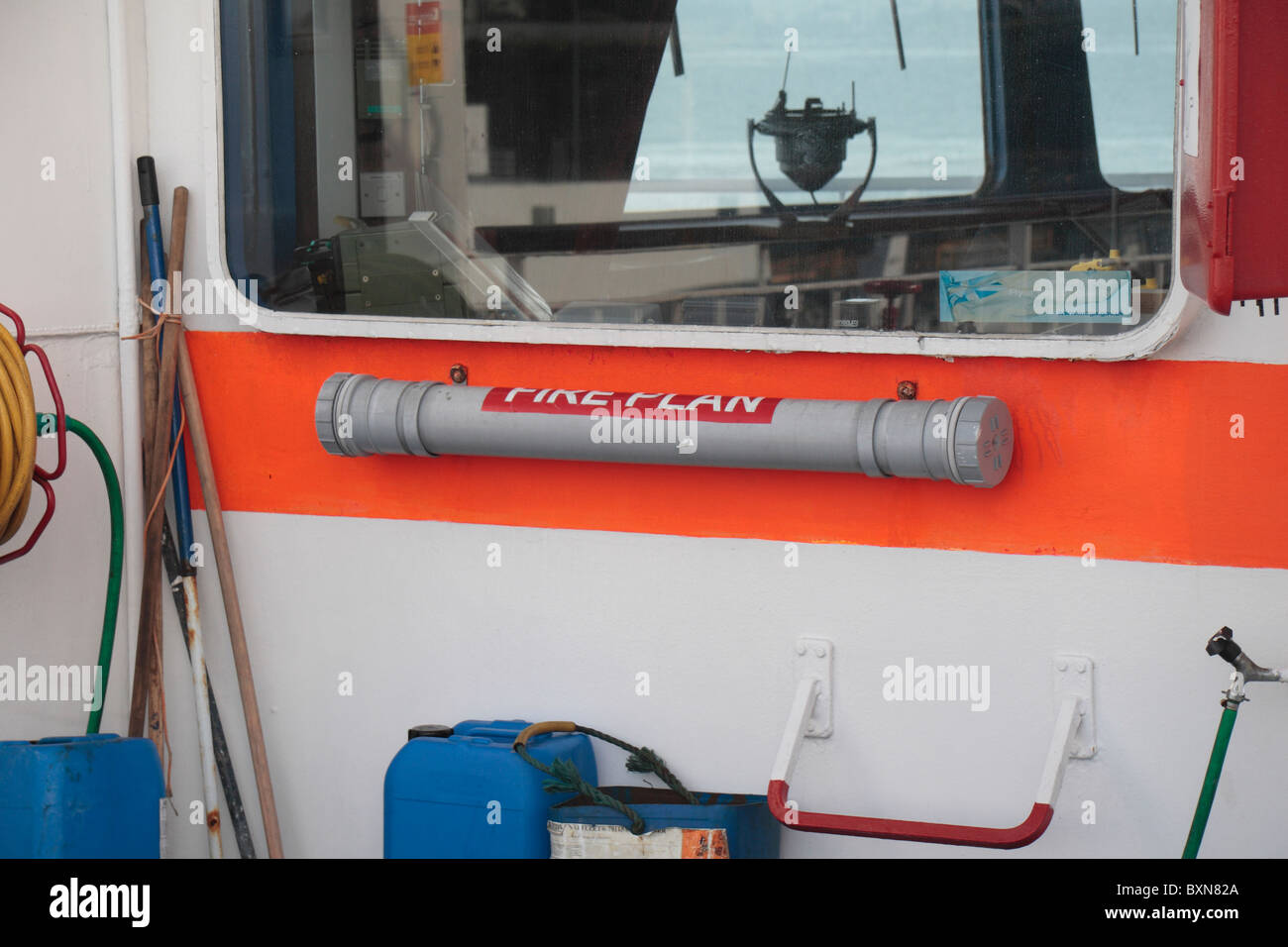 Container with the ships 'fire plan' close to the bridge on the Stena ...