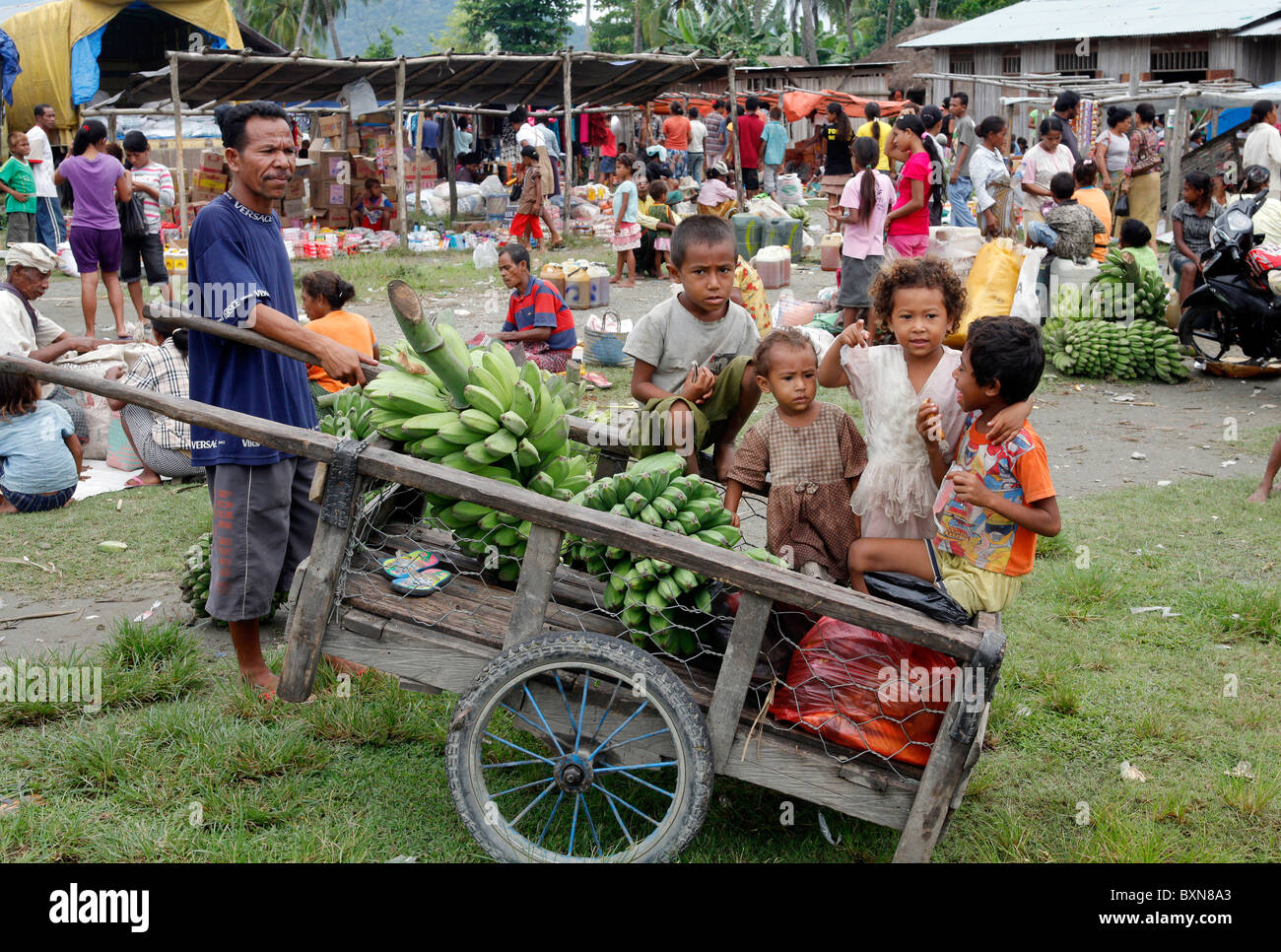 Timor Leste (East Timor): wheelbarrow with vegetables and children at a ...