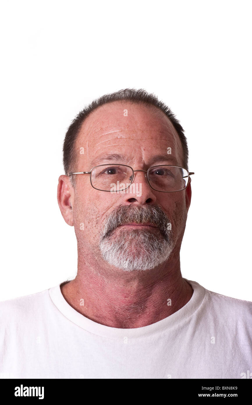 An older guy with a grey beard and mustache wearing glasses looking serious Stock Photo - Alamy