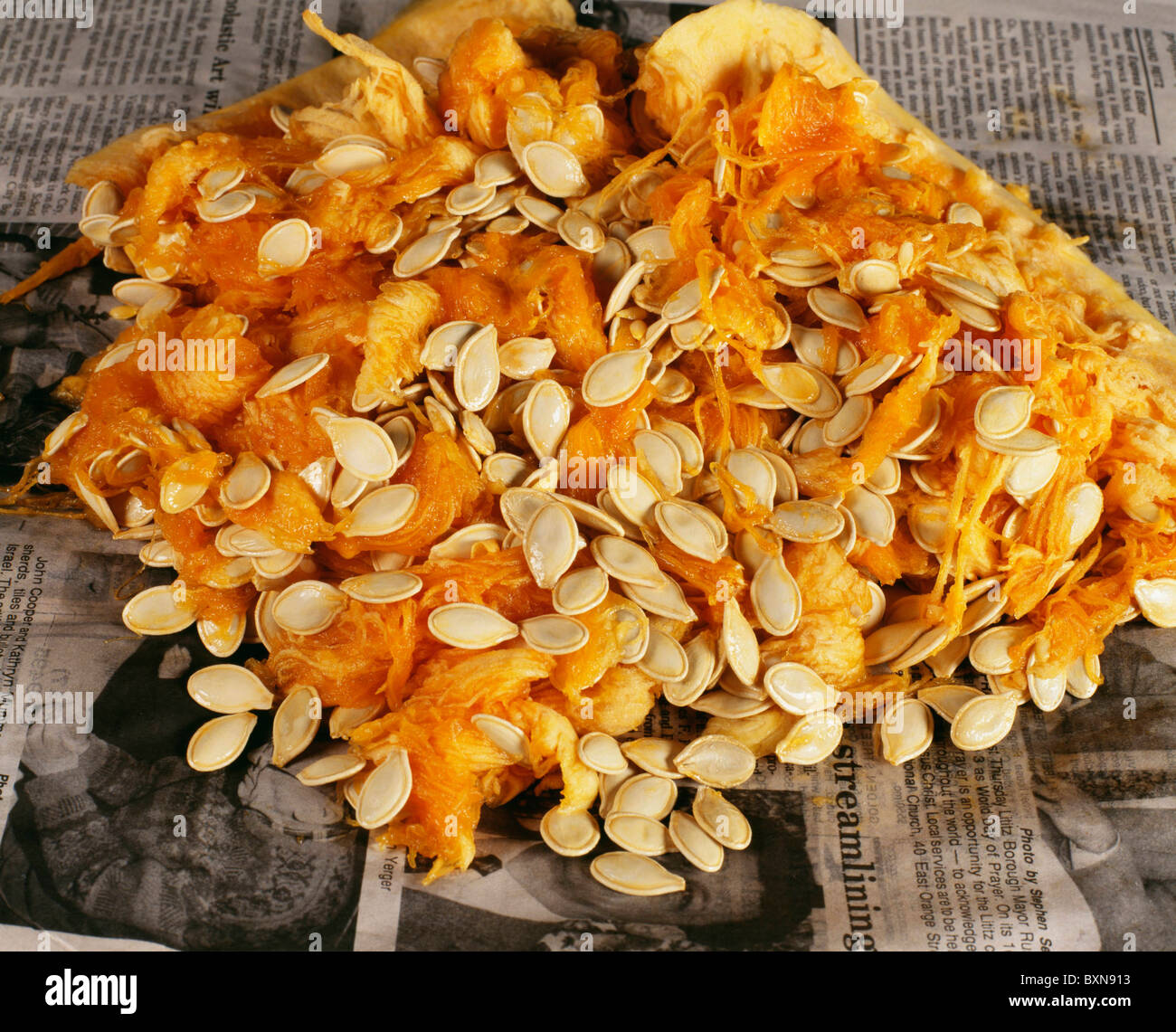 PUMPKIN SEEDS AND PULP ON NEWSPAPER OCTOBER STUDIO LITITZ, PA Stock ...