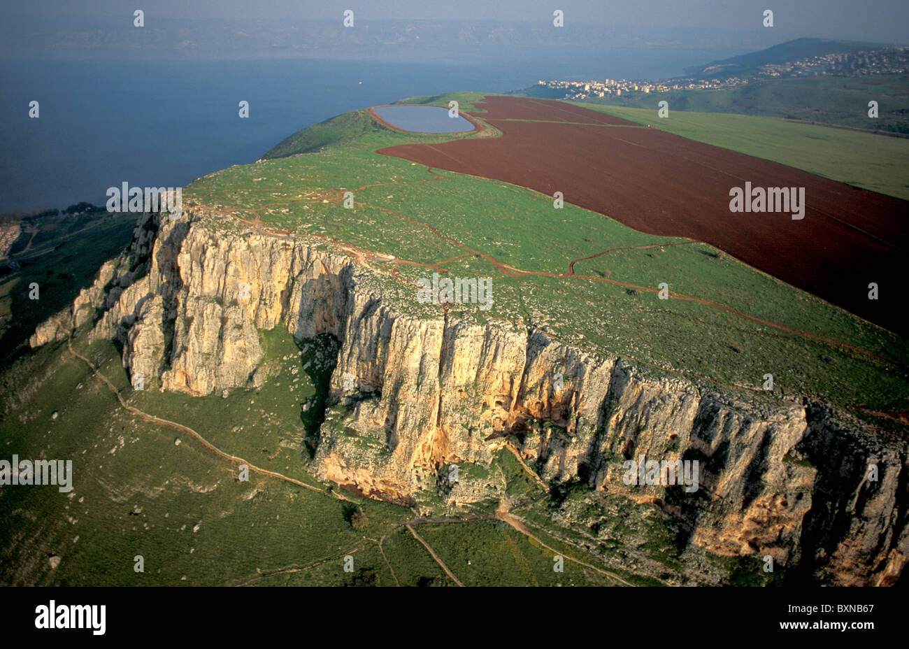 Israel, Lower Galilee, Mount Arbel overlooking the Sea of Galilee, an ...