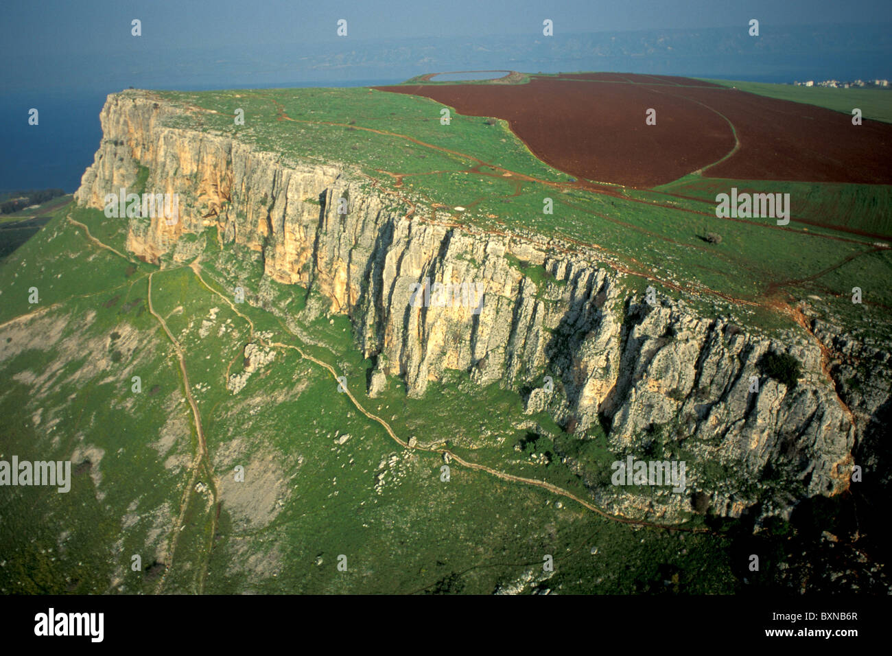 Israel, Lower Galilee, Mount Arbel overlooking the Sea of Galilee, an ...