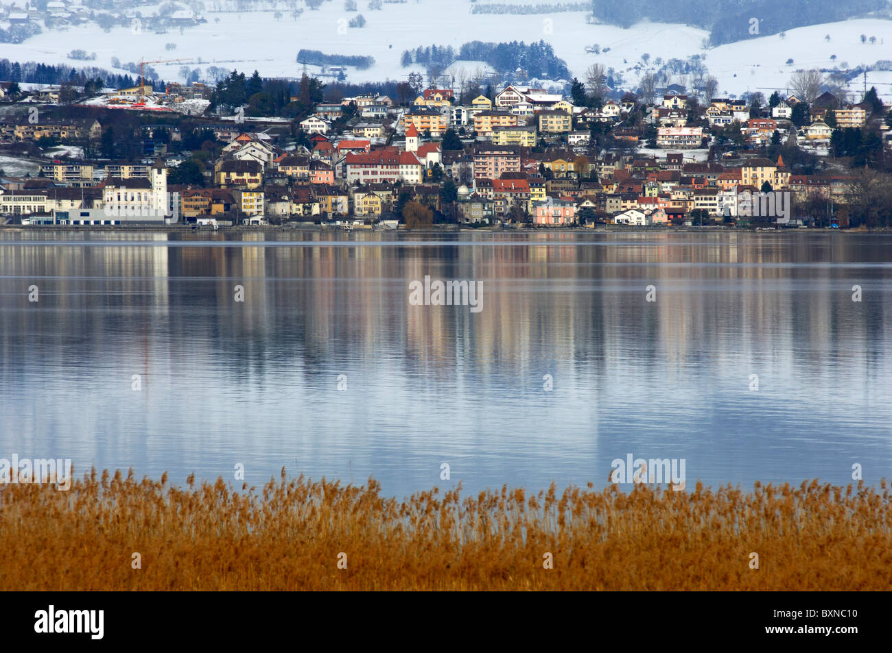 View across the winterly Lake of Neuchâtel towards the municipality of ...
