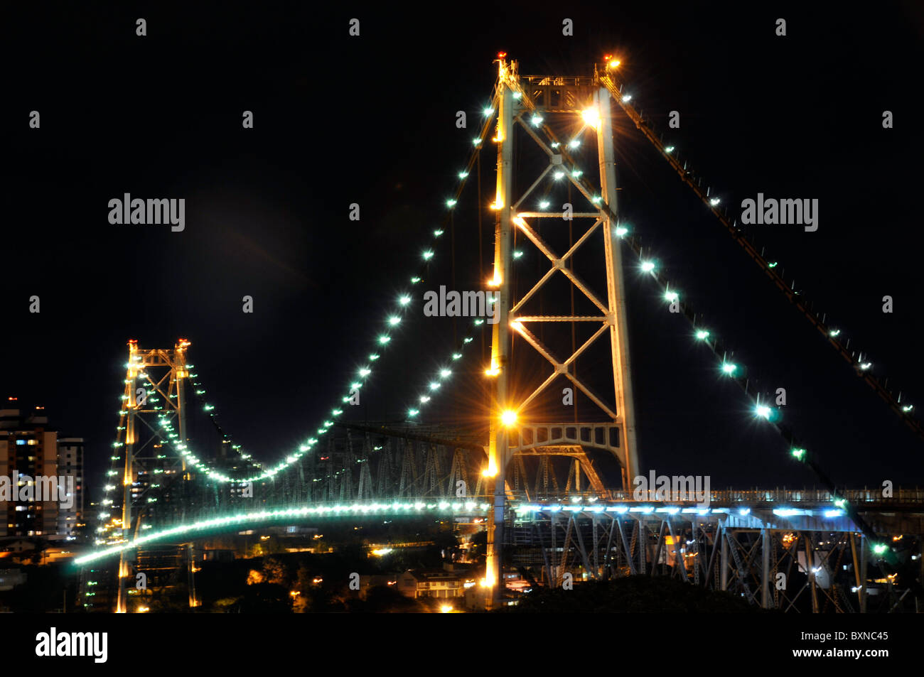 Hercilio Luz bridge at night, connects mainland to island of ...