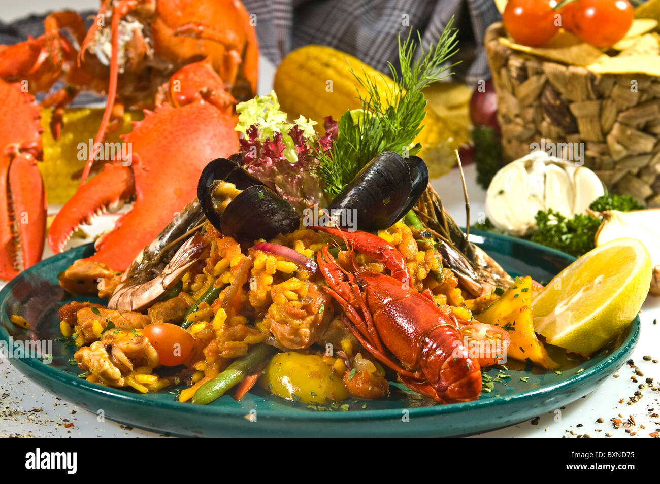 Mexican rice w seafood and vegetable Stock Photo - Alamy