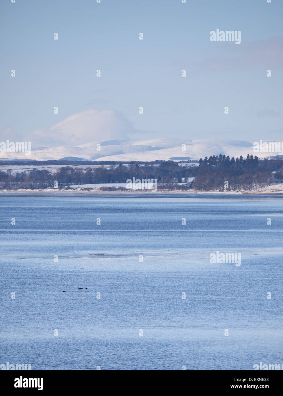 Scottish Winter scene. Looking across Montrose Basin toward Angus Hills ...