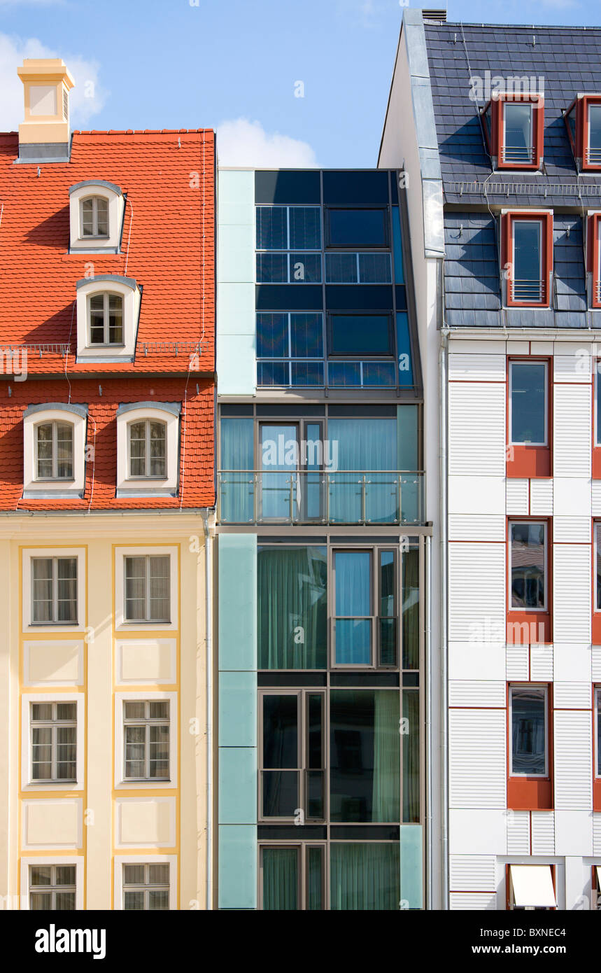 GERMANY, Saxony, Dresden, Restored buildings and modern glass house in ...