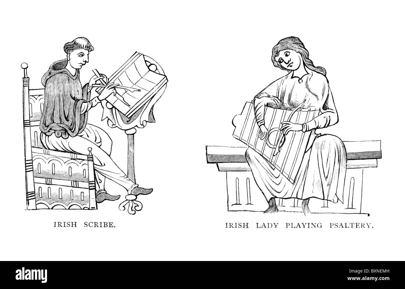 Irish Scribe and Irish woman playing the Psaltery, from 13th Century ...