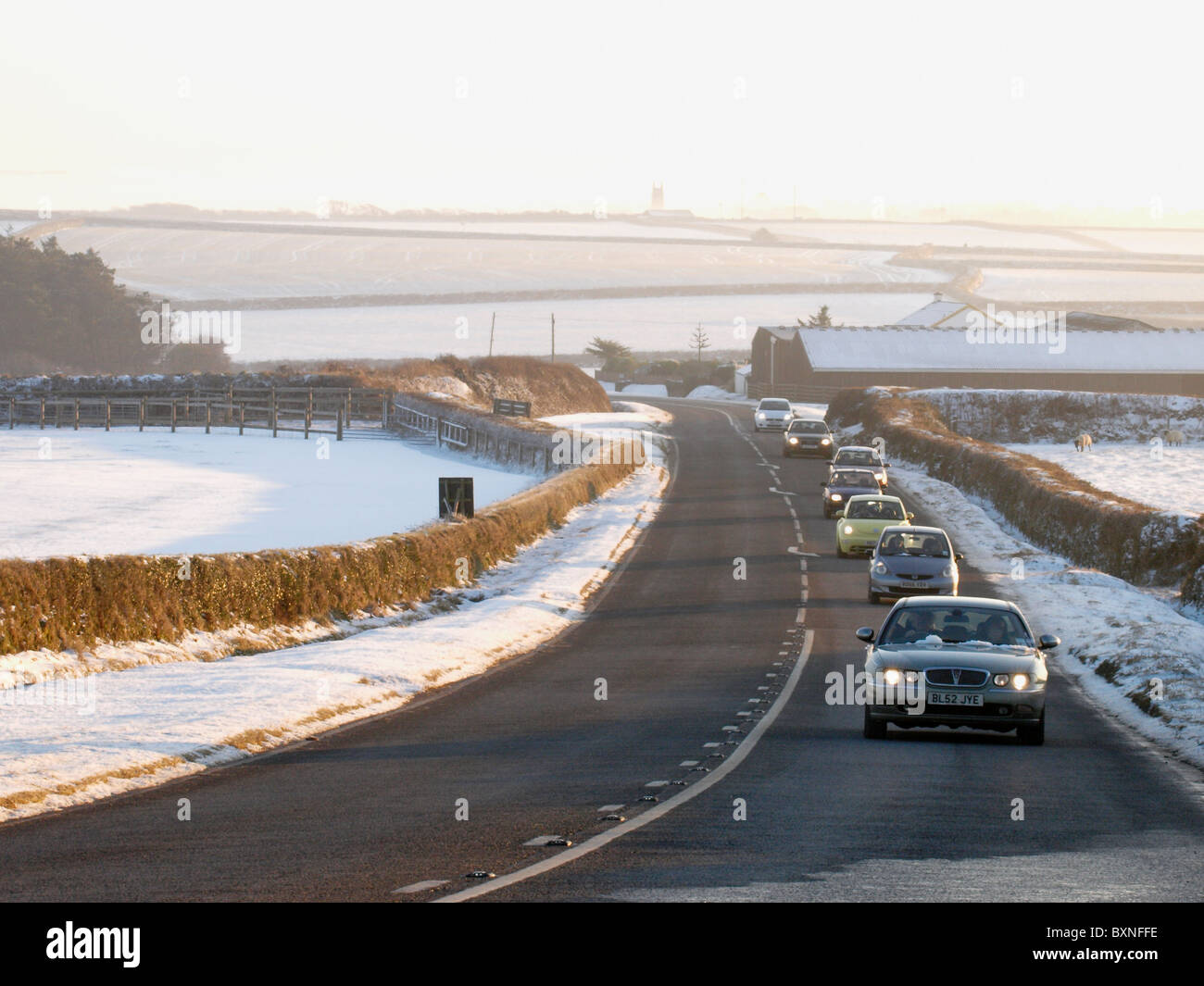 Traffic on gritted roads during snow, A30 Cornwall, UK Stock Photo - Alamy