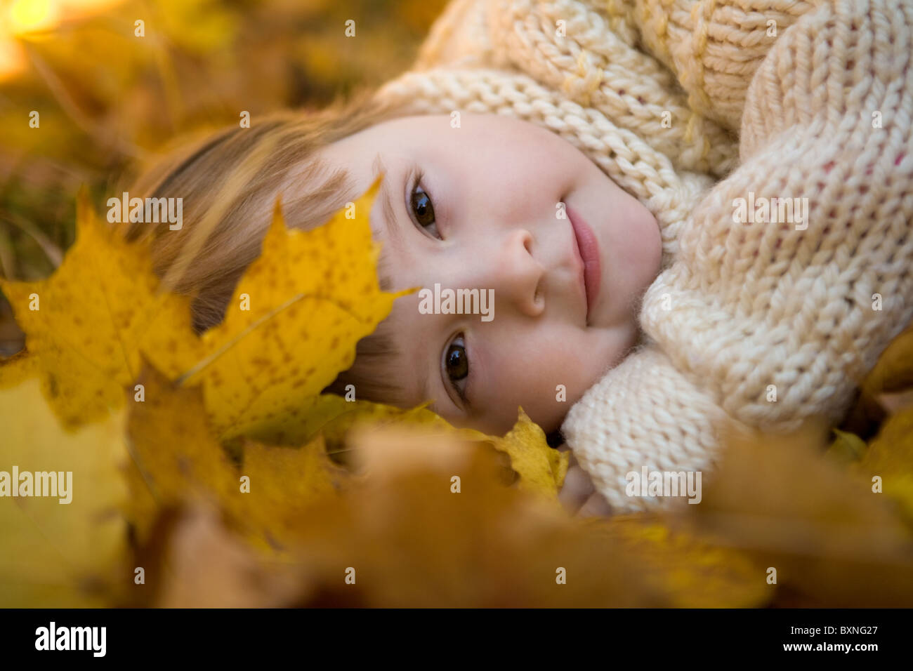 Head of girlie lying on golden leaves in autumn with peaceful ...