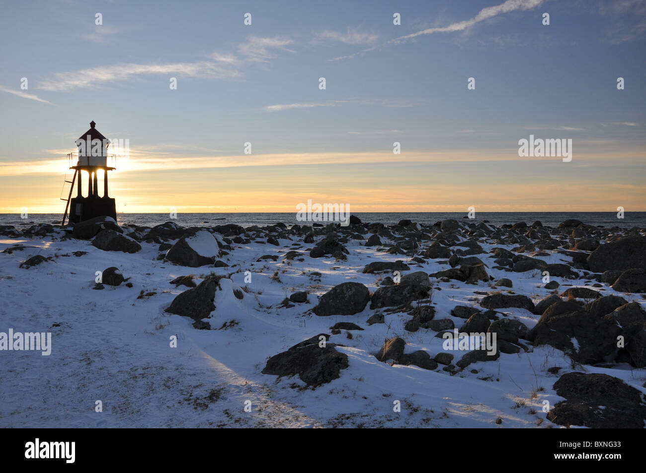 Lighthouse lamp and clear cold winter weather, snow, winter, blue sky ...
