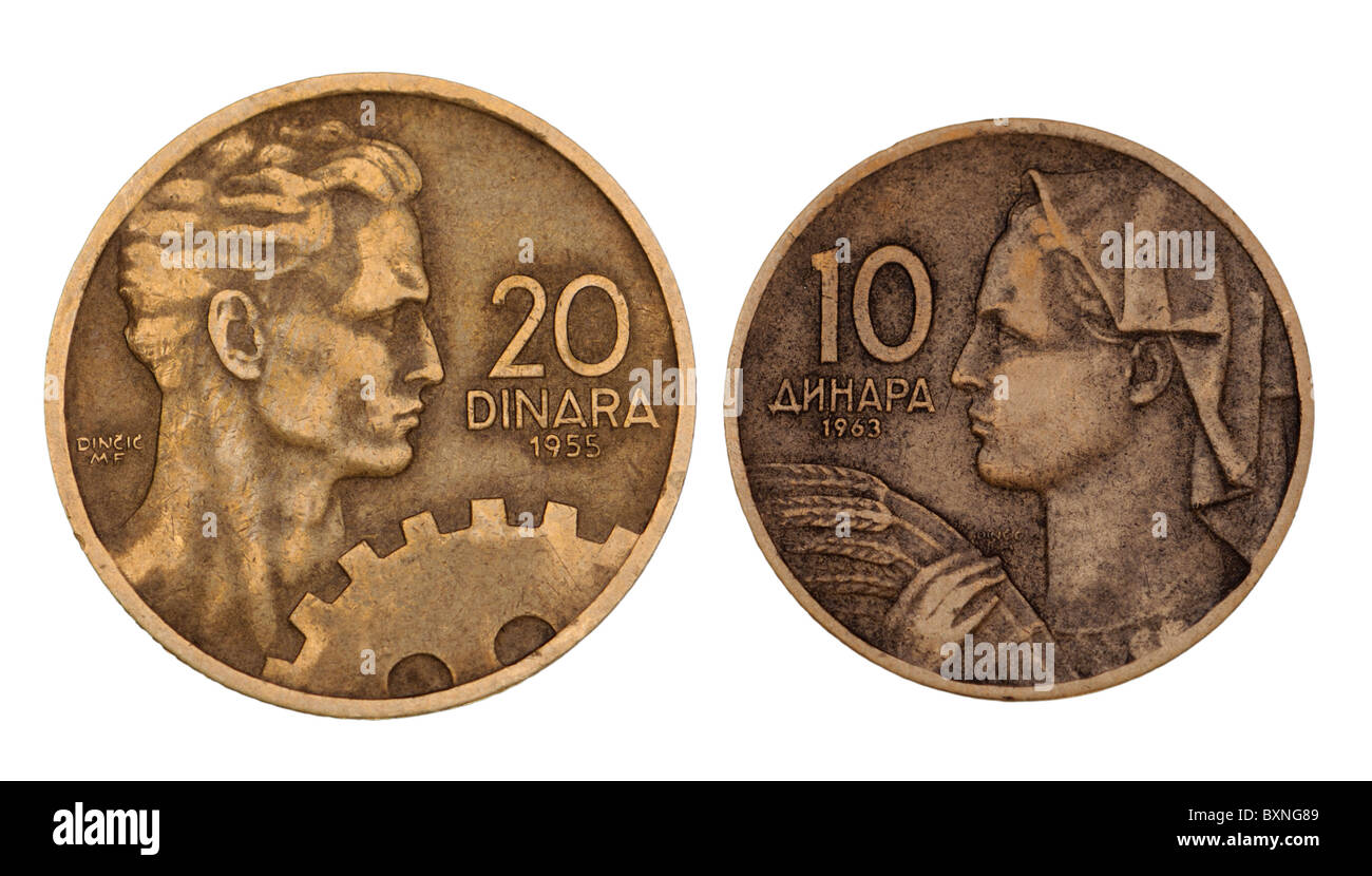 Yugoslav coins from 1955 and 1963 showing engineer and farm worker ...