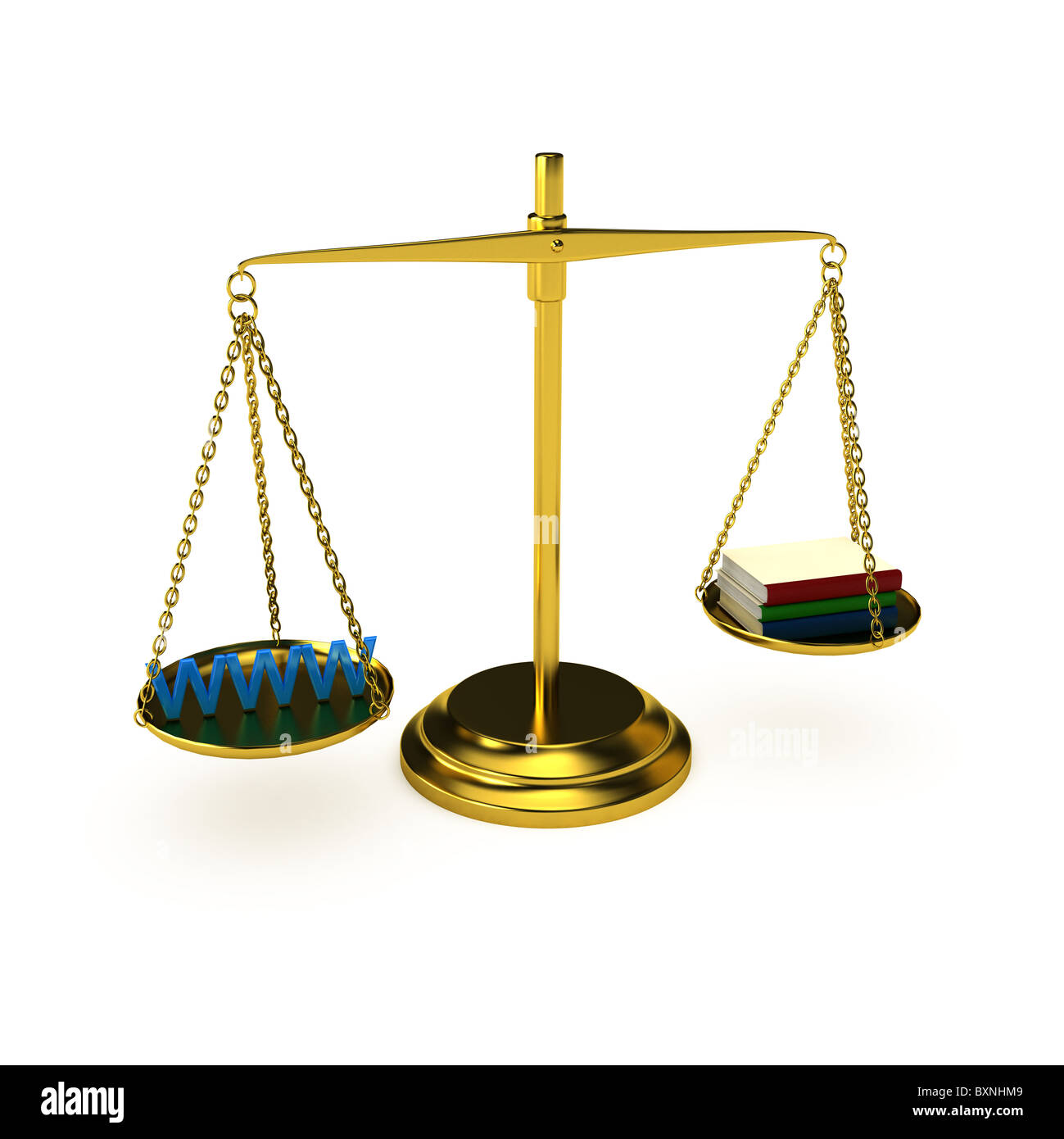 Choice concept. Weight with books and www over white Stock Photo - Alamy