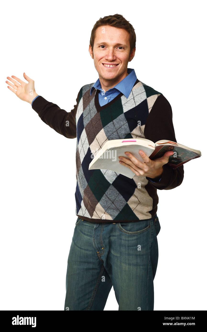 closeup image of caucasian standing teacher holding a book isolated on ...