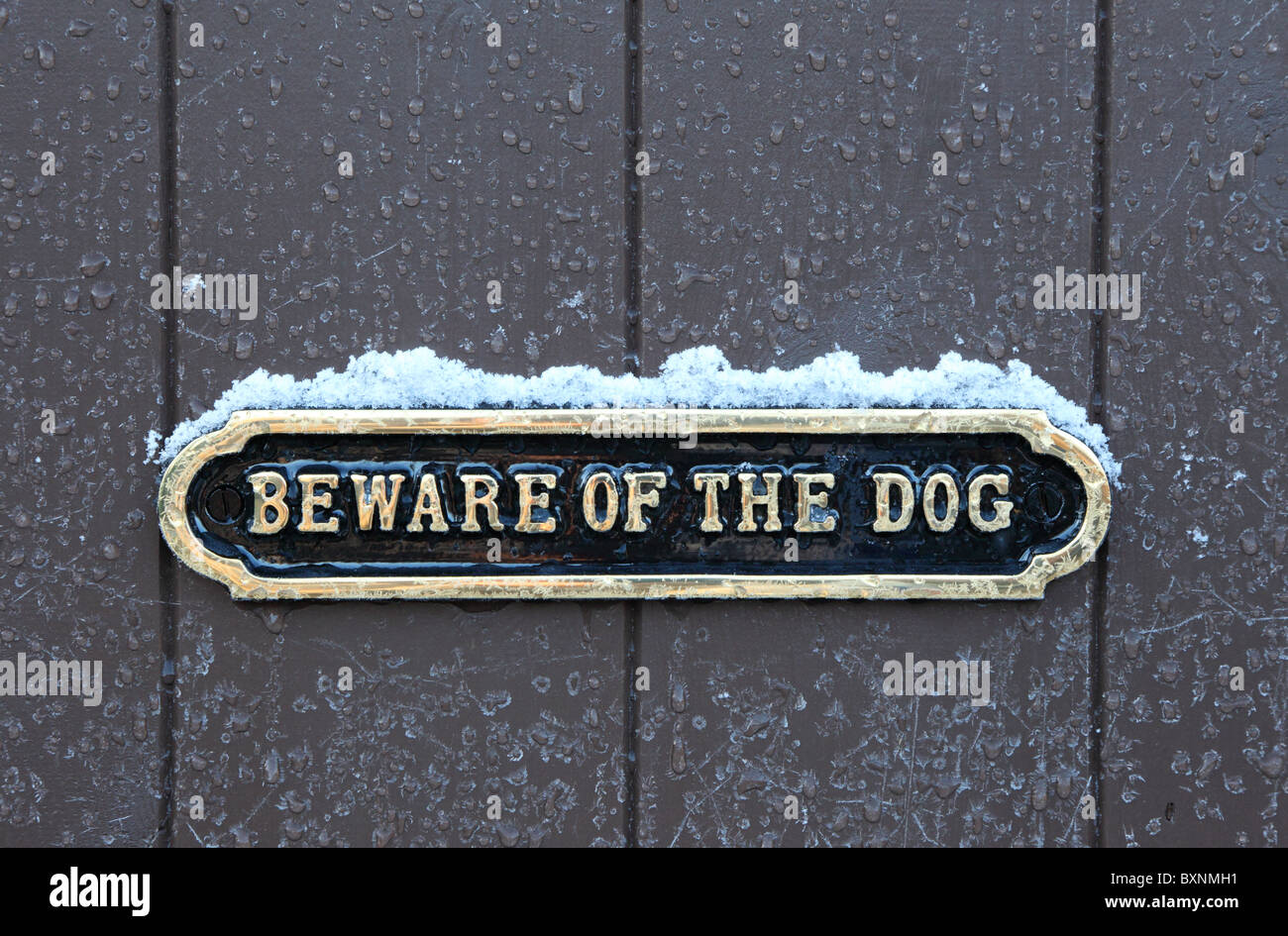 Cold welcome beware of the dog sign with snow Stock Photo - Alamy