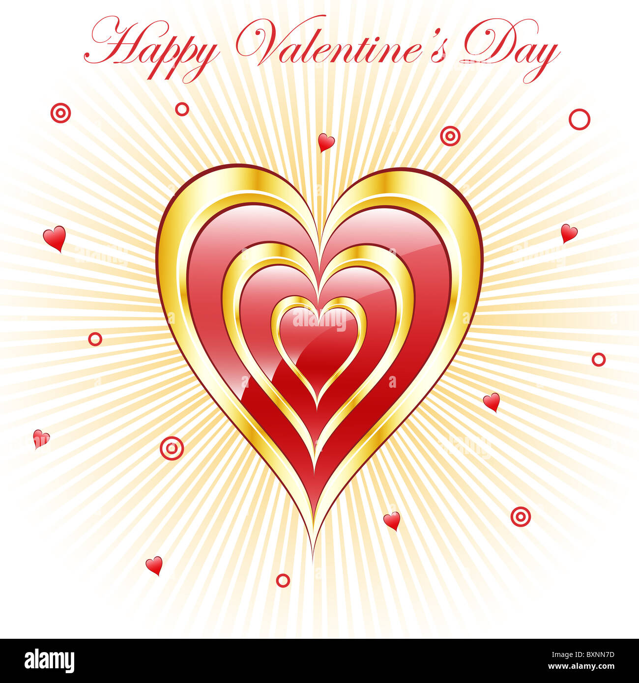 Valentine red and gold triple hearts with a subtle sunburst background ...