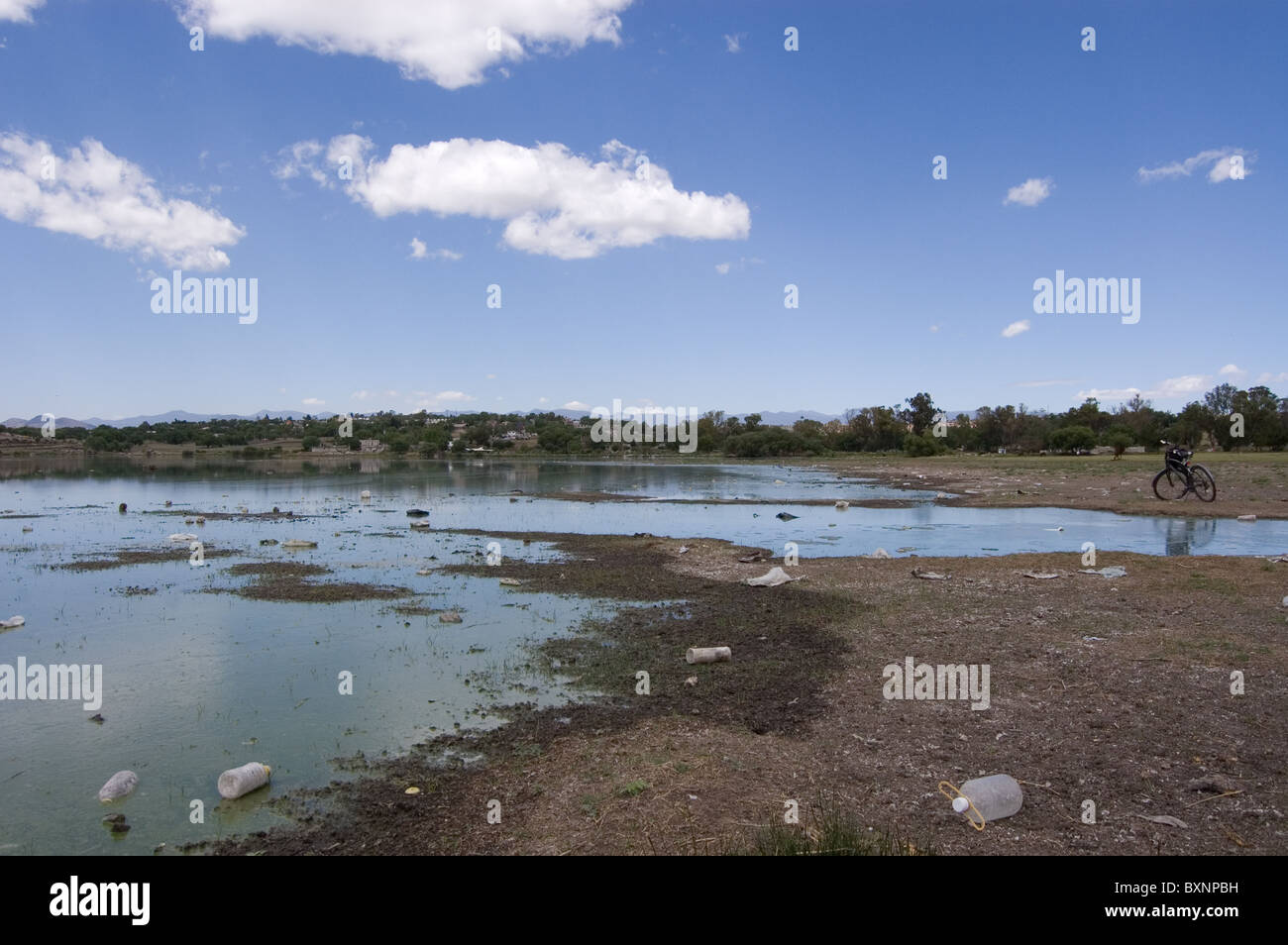 Lake with polluted water and garbage Stock Photo - Alamy