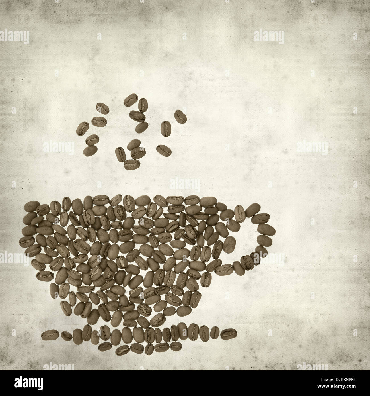textured old paper background with cup made of coffee beans Stock Photo ...