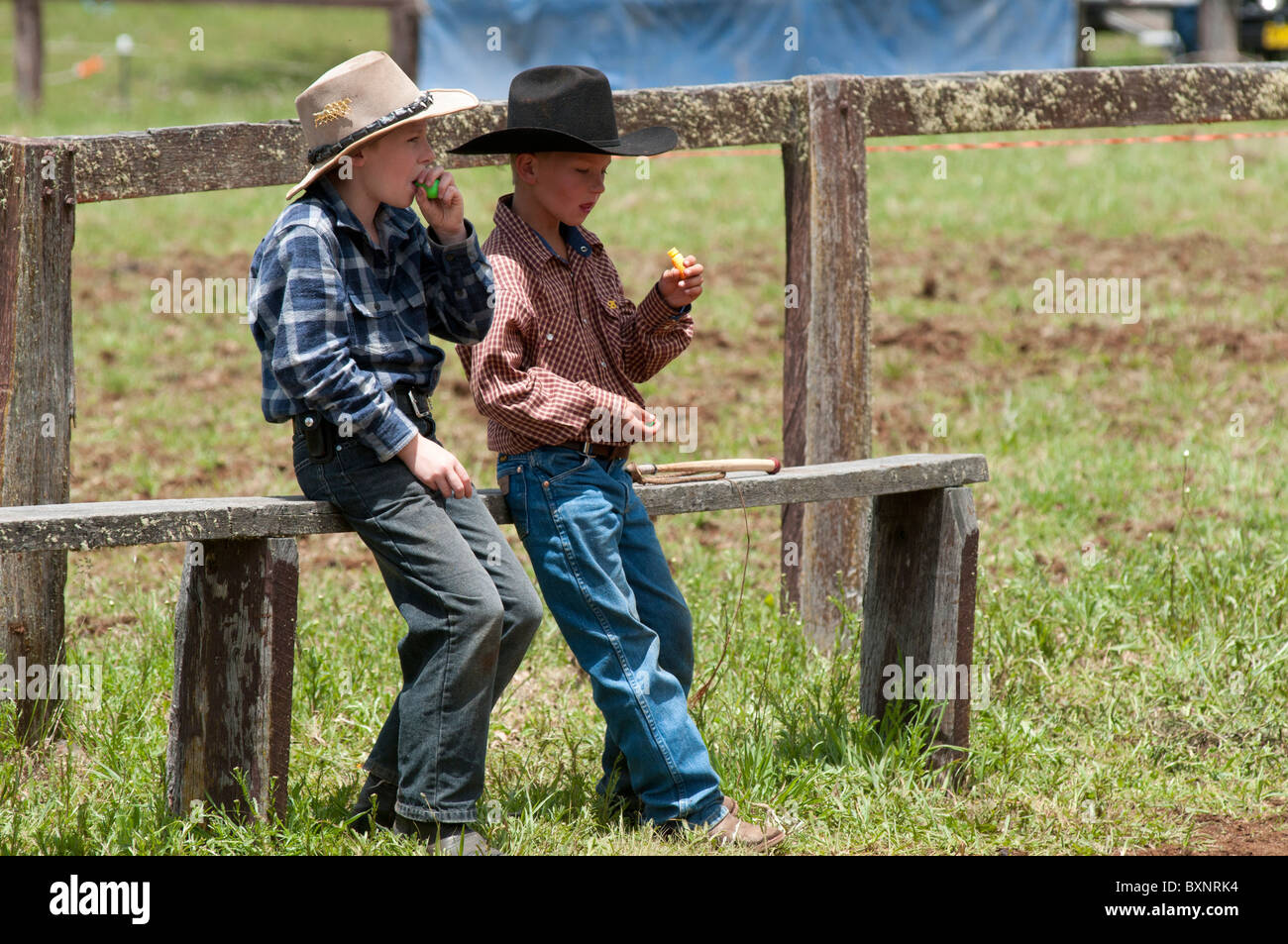 Two young cowboys take time to talk at the Ebor annual camp draft ...