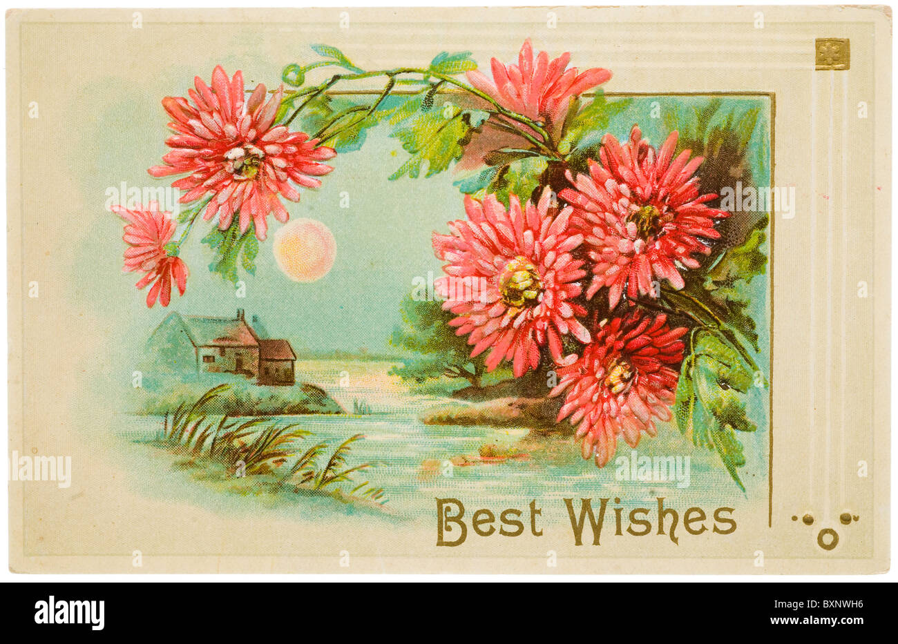 Vintage best wishes postcard with scenery and pink mums Stock Photo - Alamy