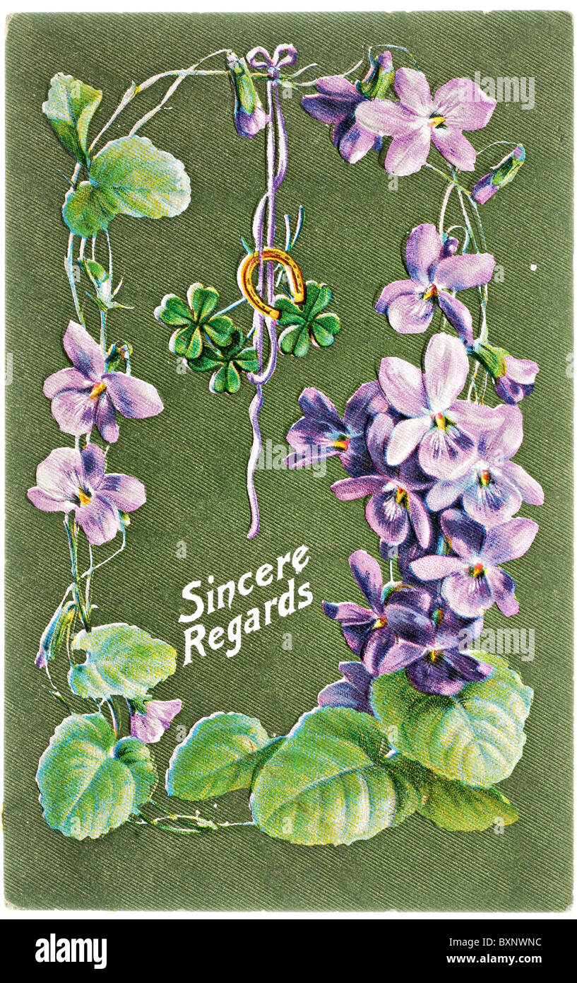 Sincere regards vintage postcard with shamrocks and violets Stock Photo ...