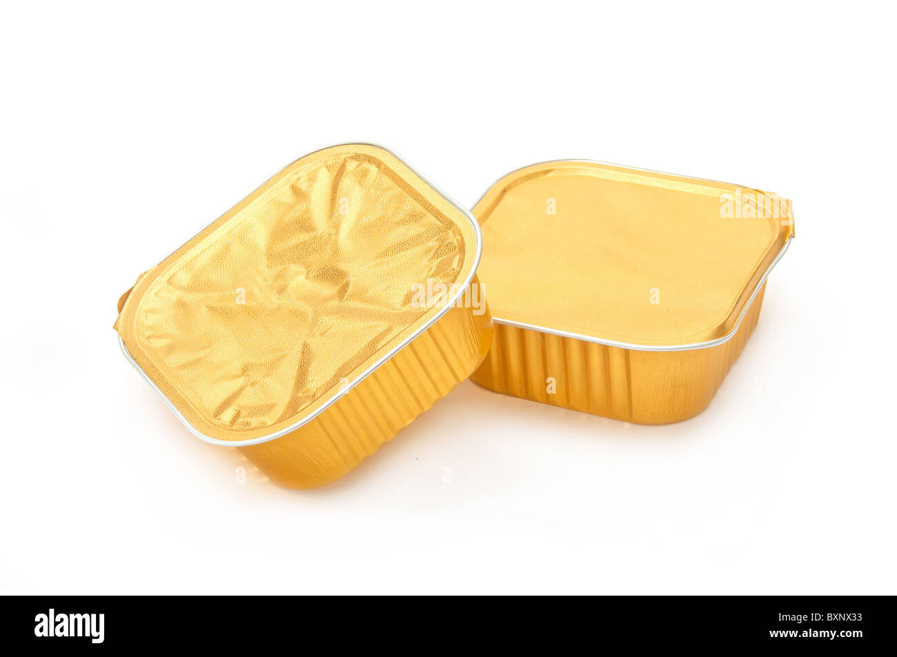 Food packed in aluminum package, isolated on white Stock Photo - Alamy