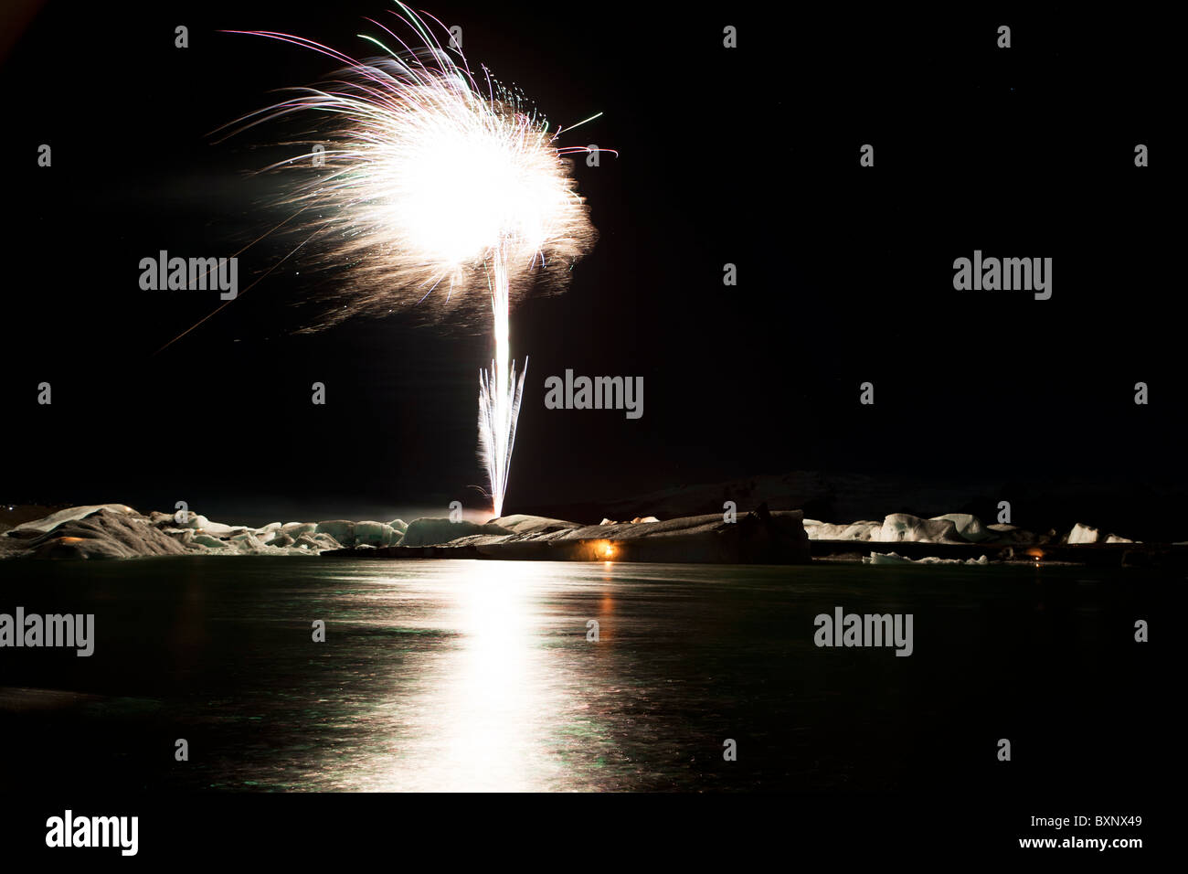 Fireworks and Icebergs at the lake Jokulsarlon, Iceland Stock Photo - Alamy