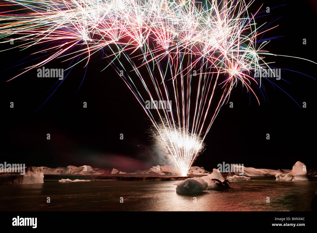 Fireworks and Icebergs at the lake Jokulsarlon, Iceland Stock Photo - Alamy