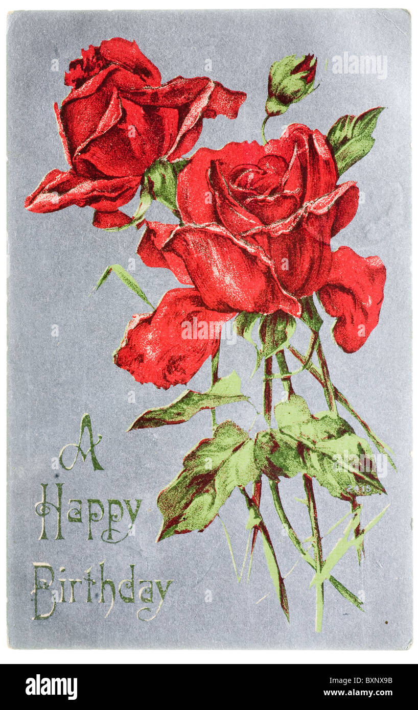 Vintage birthday postcard with red roses Stock Photo - Alamy