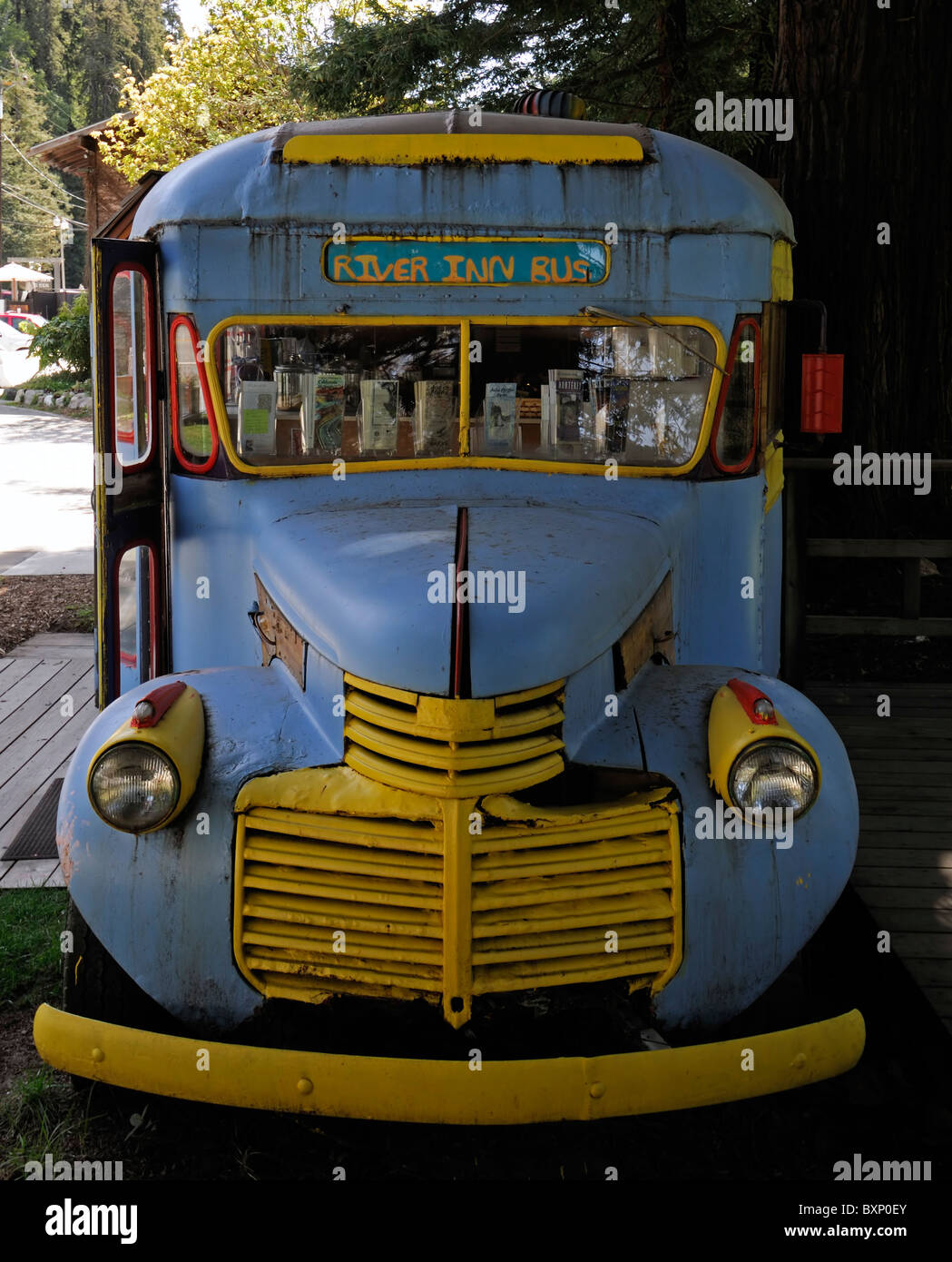 Old antique bus converted to a coffee shop cafe bar at the River Inn ...