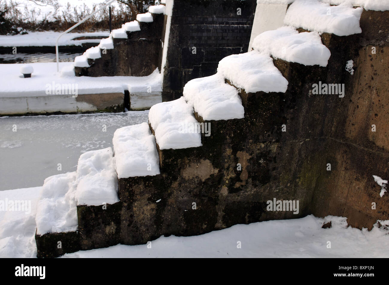 Steps with snow on at Hatton Locks, Grand Union Canal, Warwickshire, UK ...