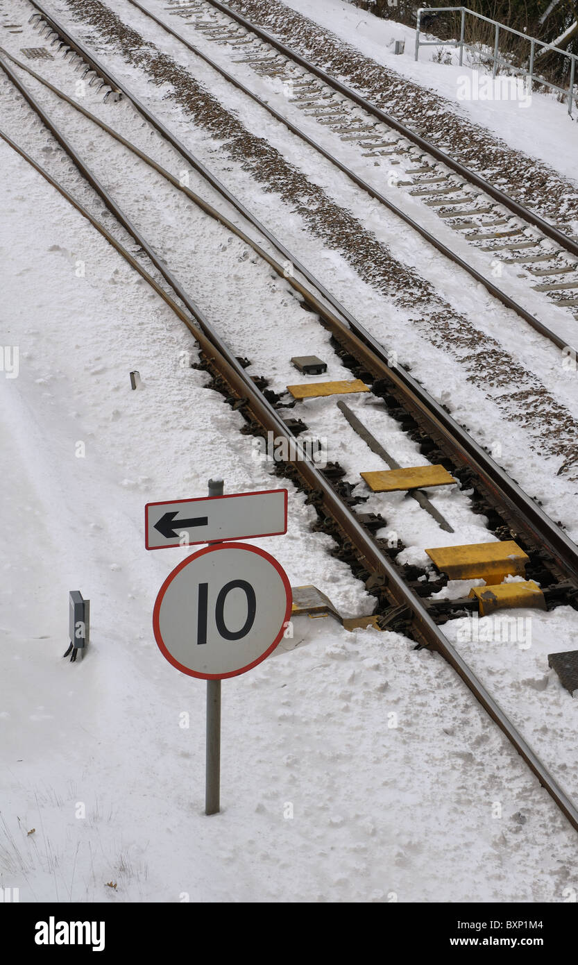 Railway points in snow, UK Stock Photo - Alamy