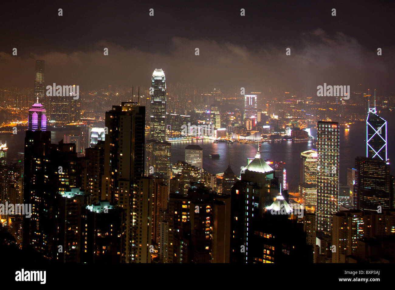 The amazing Hong Kong skyline as seen from The Peak lookout at night ...
