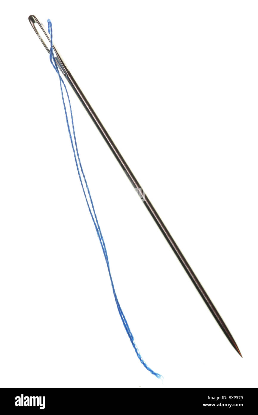 Needle threaded with blue thread Stock Photo - Alamy