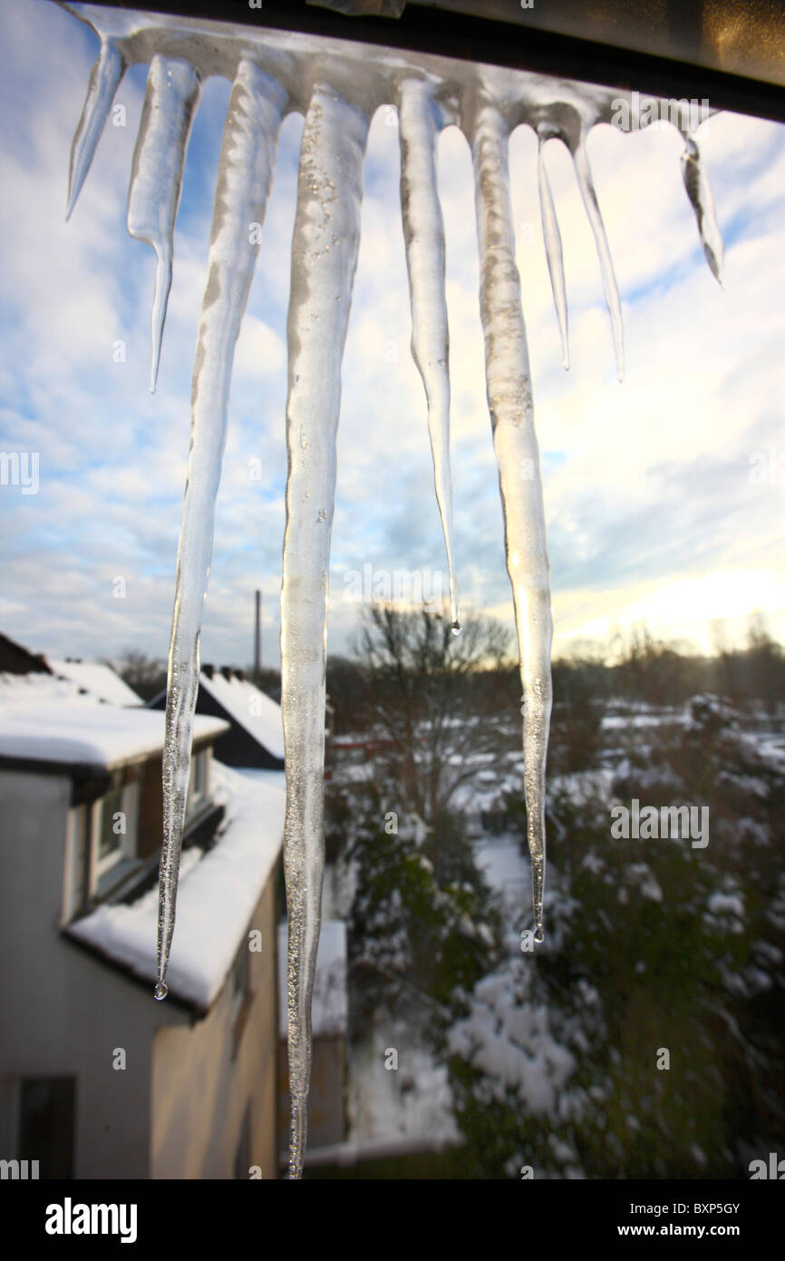 Large icicles hanging in front of a window, down from the roof ...