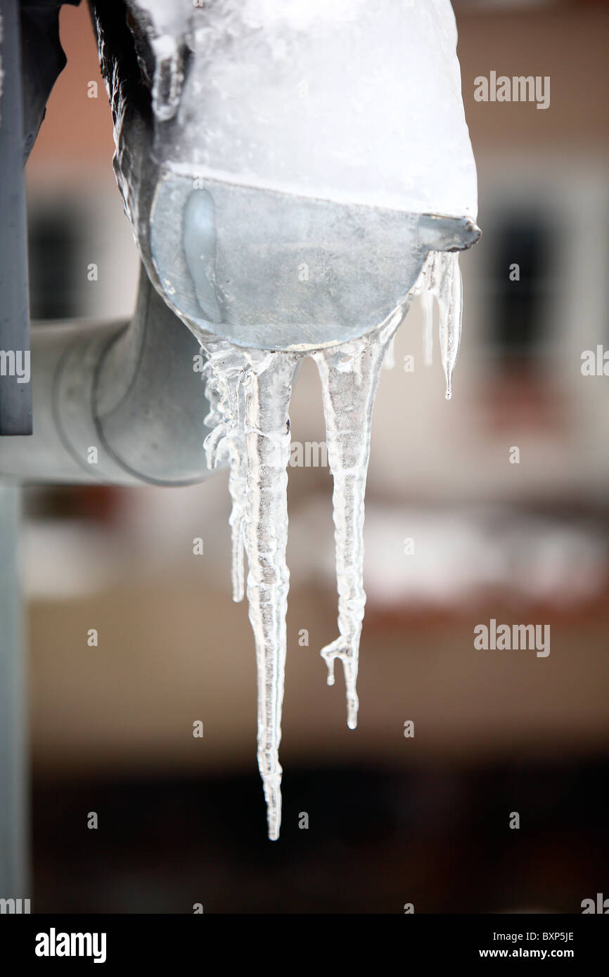 Large icicles hanging in front of a window, down from the roof ...