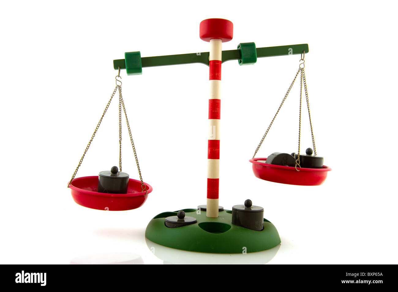 Balance scale with weights isolated over white Stock Photo - Alamy