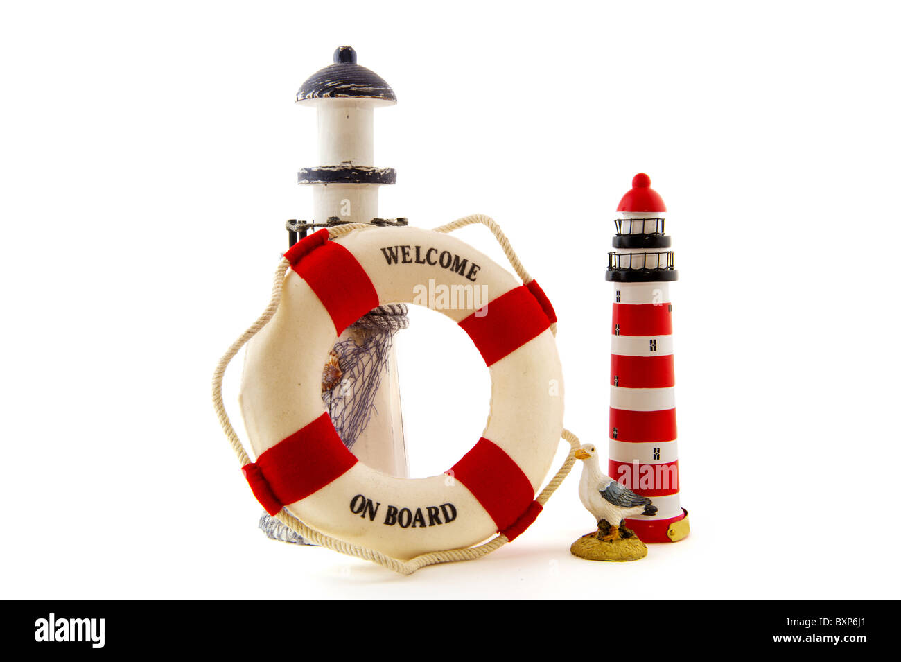 Lighthouse with life buoy isolated over white Stock Photo - Alamy